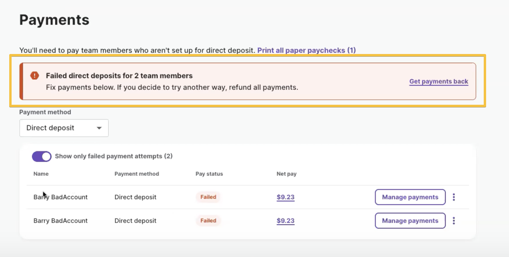 Retry or Refund a Failed Payment Status